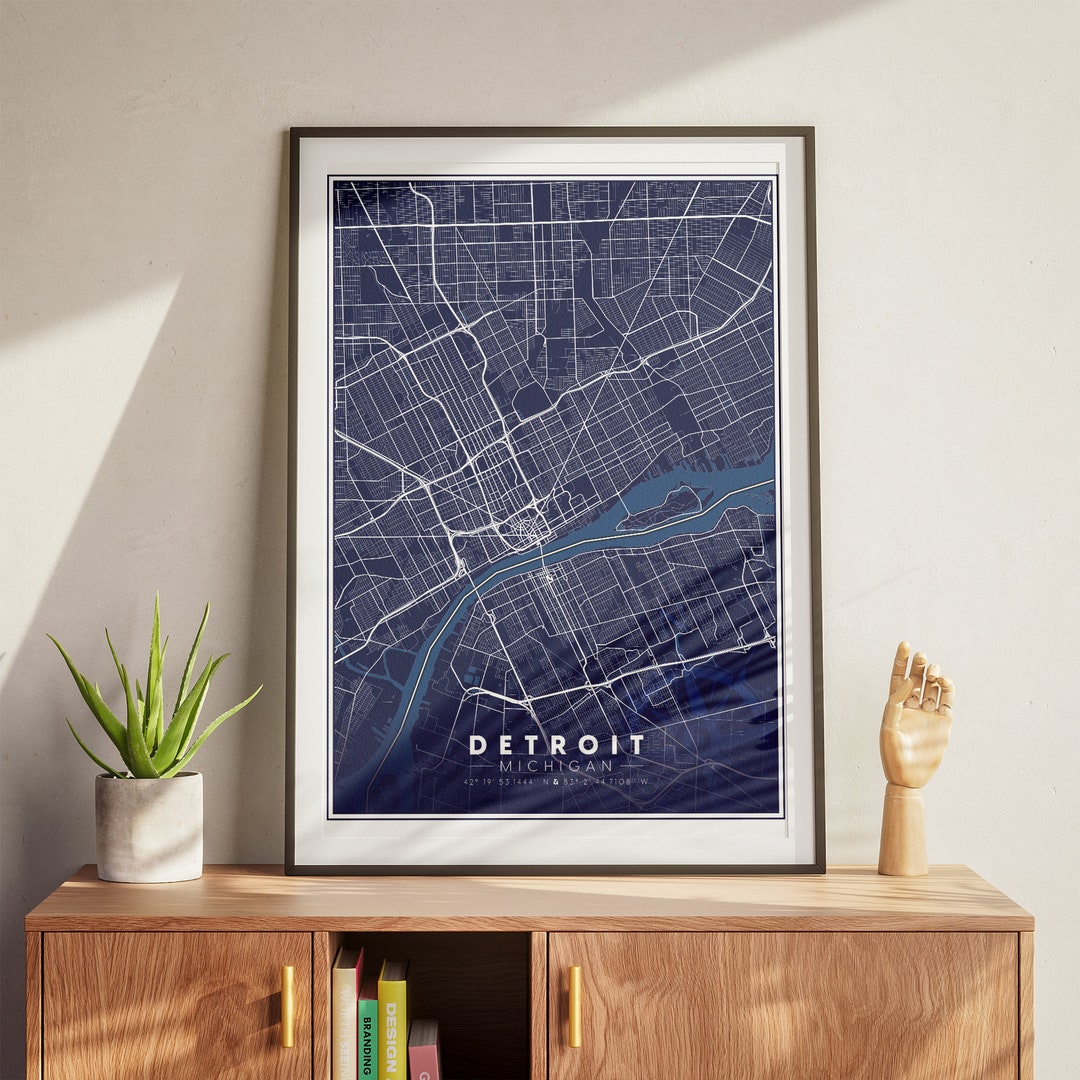Futuristic Deep Blue City of Detroit Map Coordinates Downloadable Wall ...