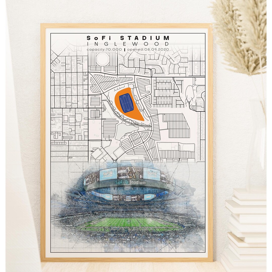 Sofi NFL Stadium Map Art, Los Angeles Rams American Football Fan Poster ...