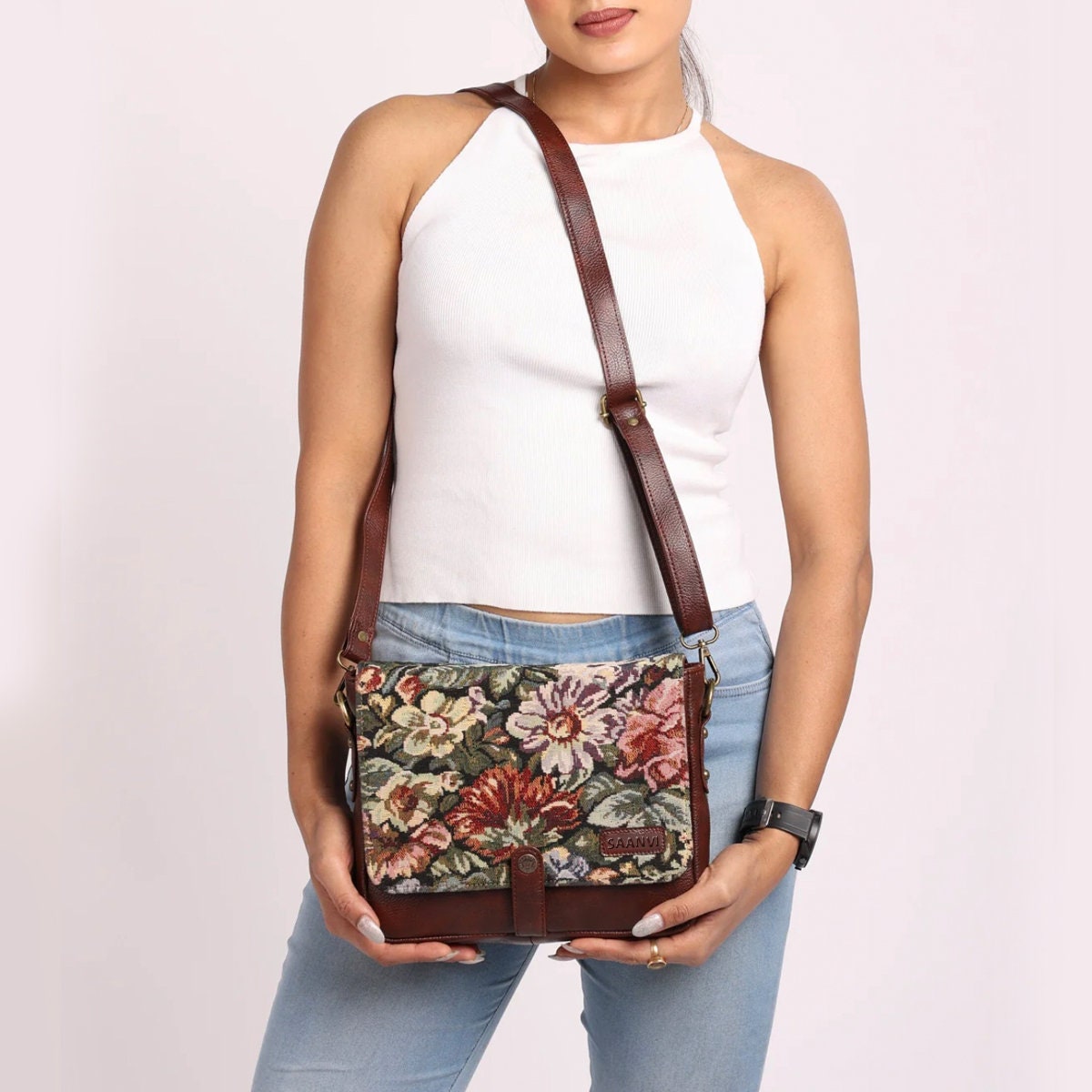 Boho Floral Print Crossbody Bag for Women, Vegan Faux Leather, Boho Bag ...
