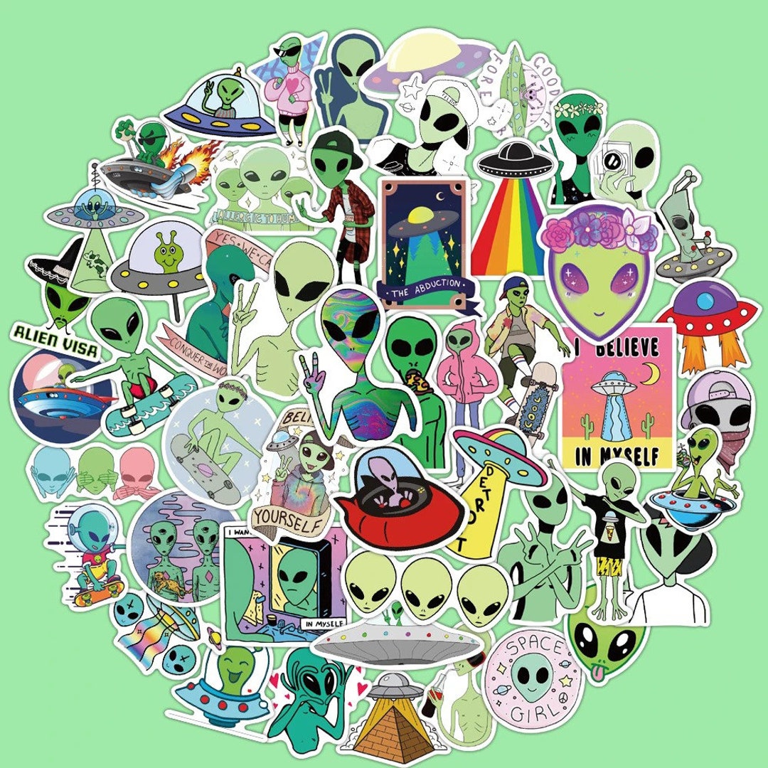 50 Pcs Funny Cartoon UFO Alien Graffiti Handmade Stickers Waterproof ...