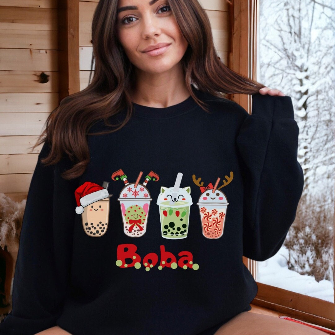 Boba Christmas, Boba Sweatshirt, Bubble Tea Shirt, Cat Boba Sweatshirt ...