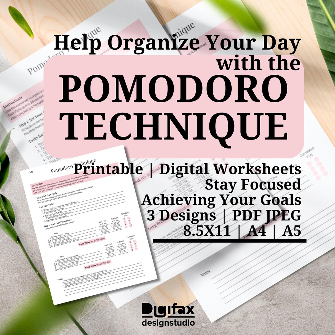 Pomodoro Technique Worksheet Set – ADHD Planner, Goal Tracker (PDF, JPG ...