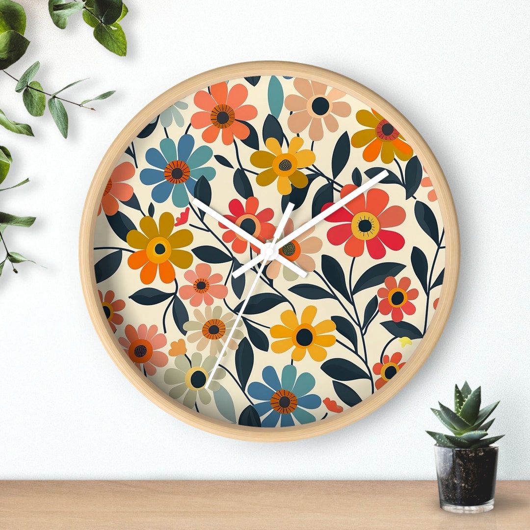 Retro Floral Wall Clock, Wildflowers Decorative Kitchen Clock, Office ...