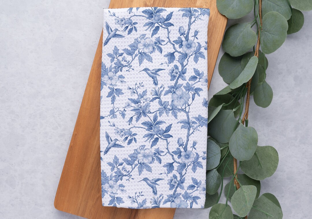 French Floral Hummingbird Toile Kitchen Towel, Dish Towel, Toile Art ...