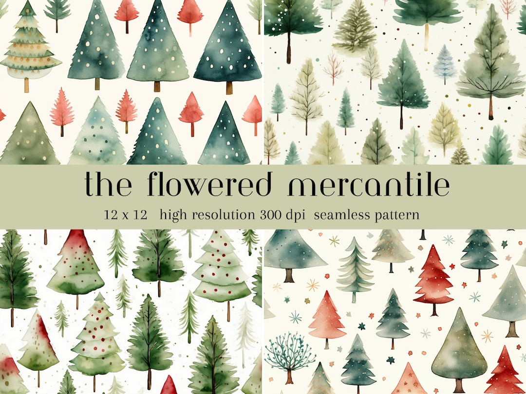 Christmas Tree Digital Paper, Vintage Christmas Seamless Pattern ...