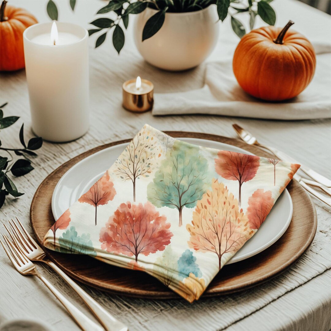 Fall Trees Napkins Set of 4, Thanksgiving Napkin Set, Autumn Decorative ...
