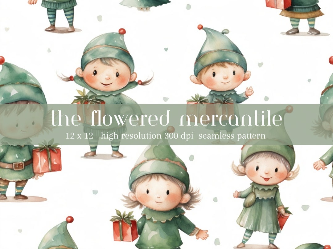Christmas Elves Digital Paper, Watercolor Elves Christmas Seamless ...