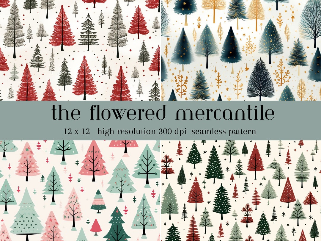 Christmas Tree Digital Paper, Vintage Christmas Seamless Pattern ...