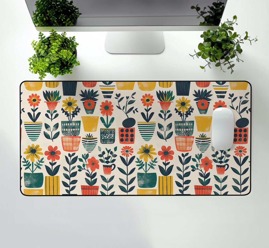 Flower Pot Desk Mat, Potted Plants Mouse Pad, Cute Cottagecore Floral ...