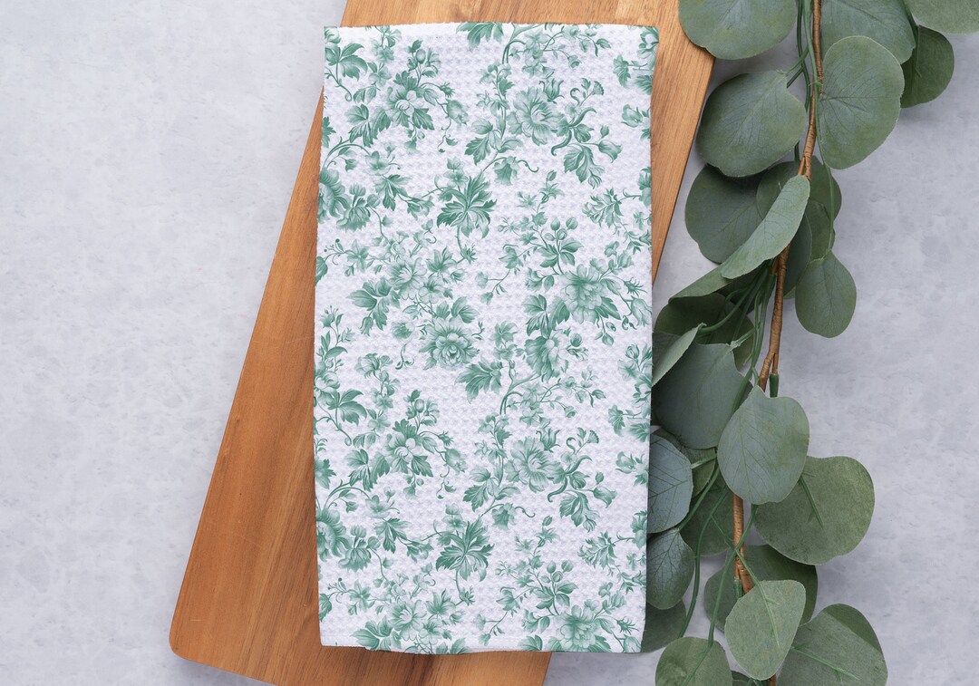 French Floral Toile Kitchen Towel, Dish Towel, Toile Art Green ...