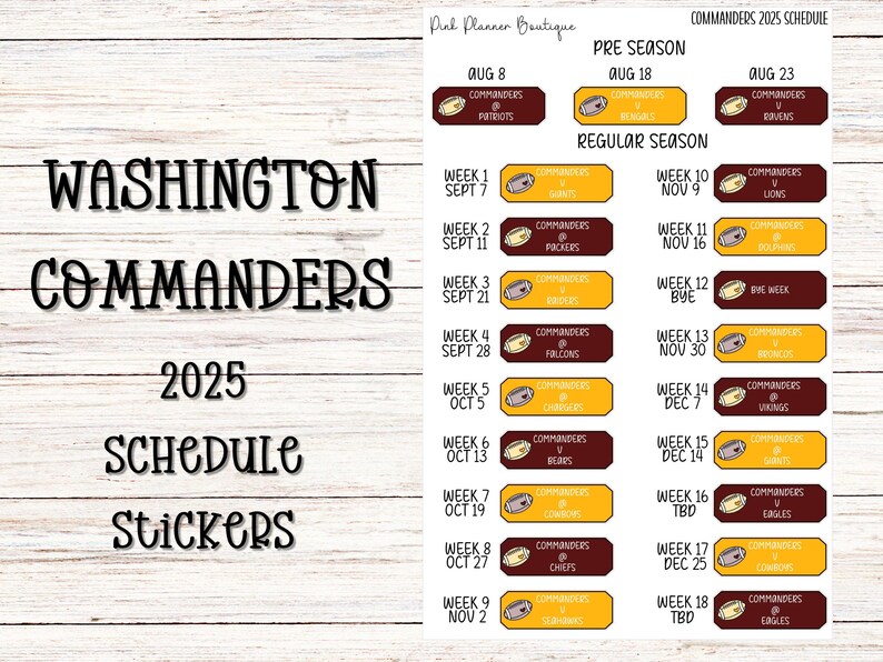 WASHINGTON COMMANDERS 2025 Schedule Stickers NFL - Etsy