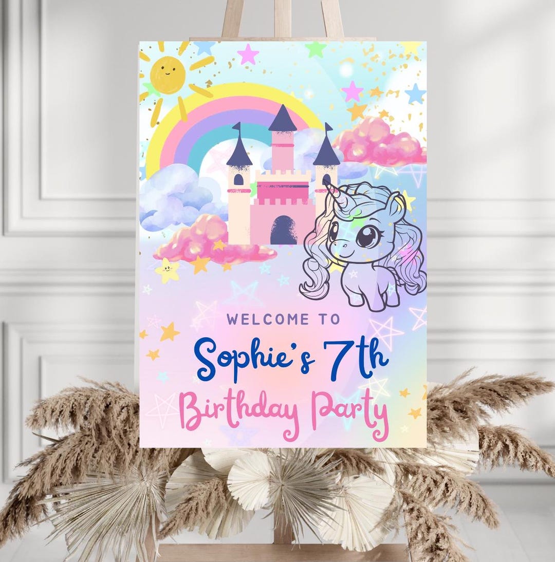 Unicorn Castle Rainbow Birthday Welcome Sign - Digital Template ...