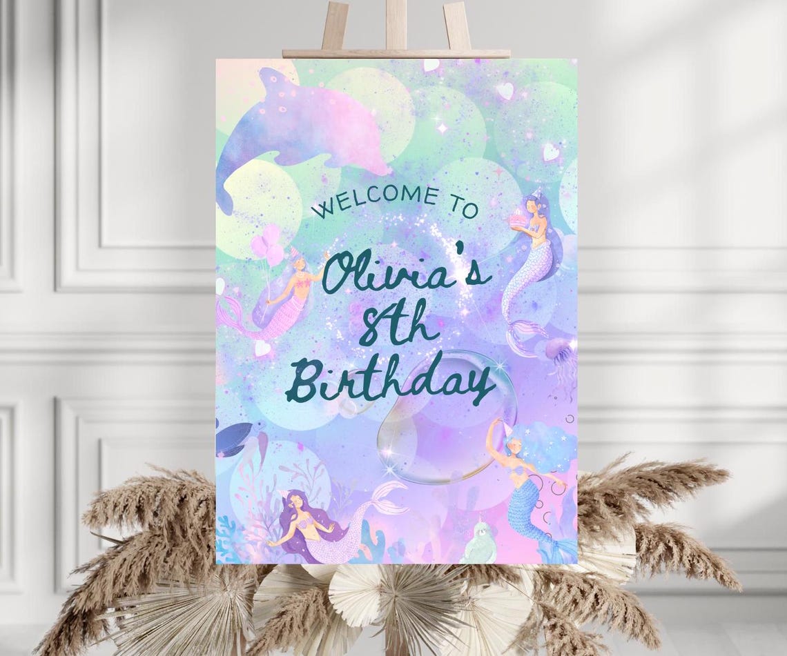 Mermaid Underwater Birthday Welcome Sign - Digital Template, Printable ...