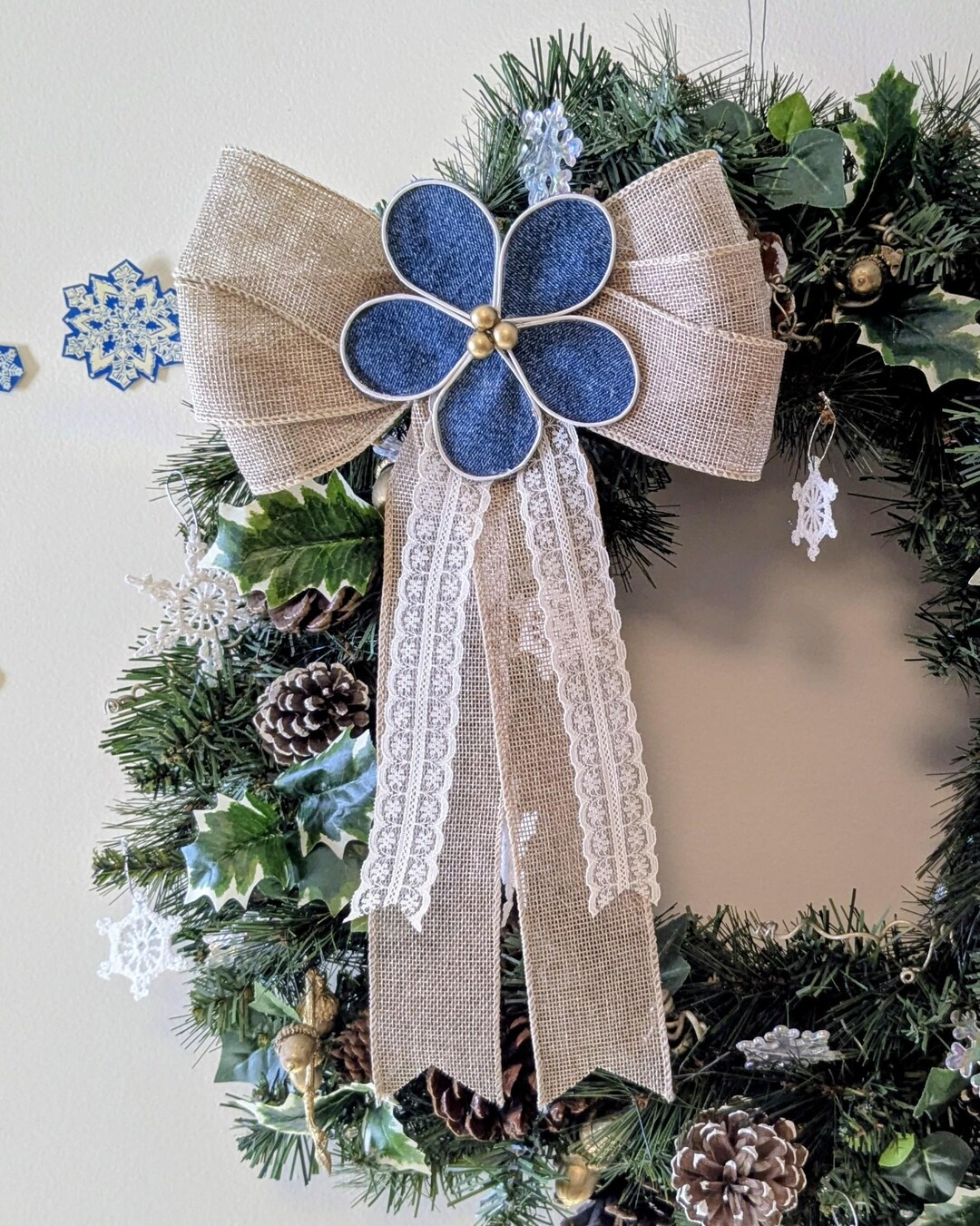 Large Rustic Bow, Farmhouse Style Burlap Bow With Denim Flower, 8x12 - Etsy