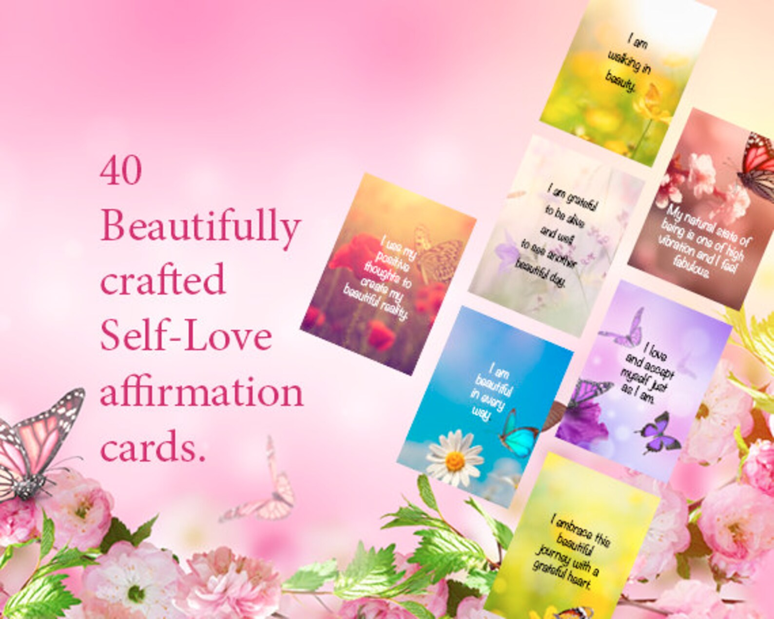 Self-love Affirmation Cards, Beautiful Butterfly Theme, Positive ...