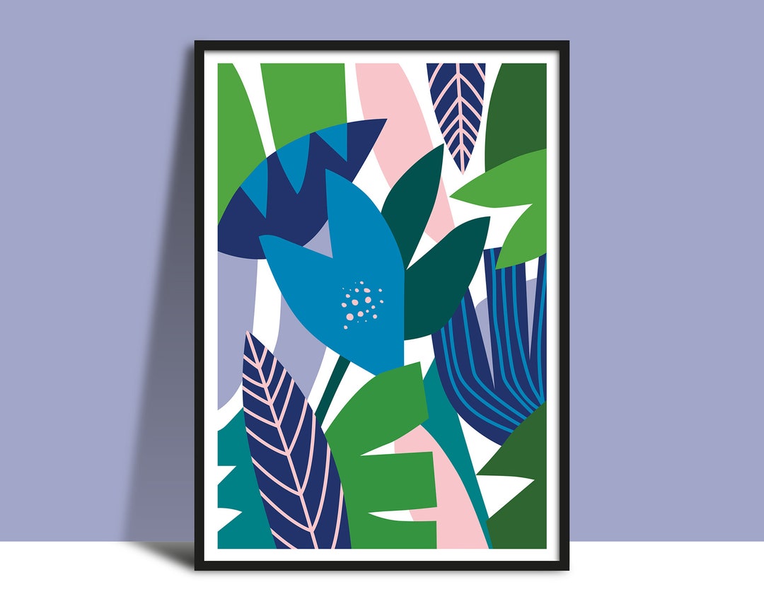 Printable Blue Flower With Green and Pink Leaves Digital Collage Wall ...