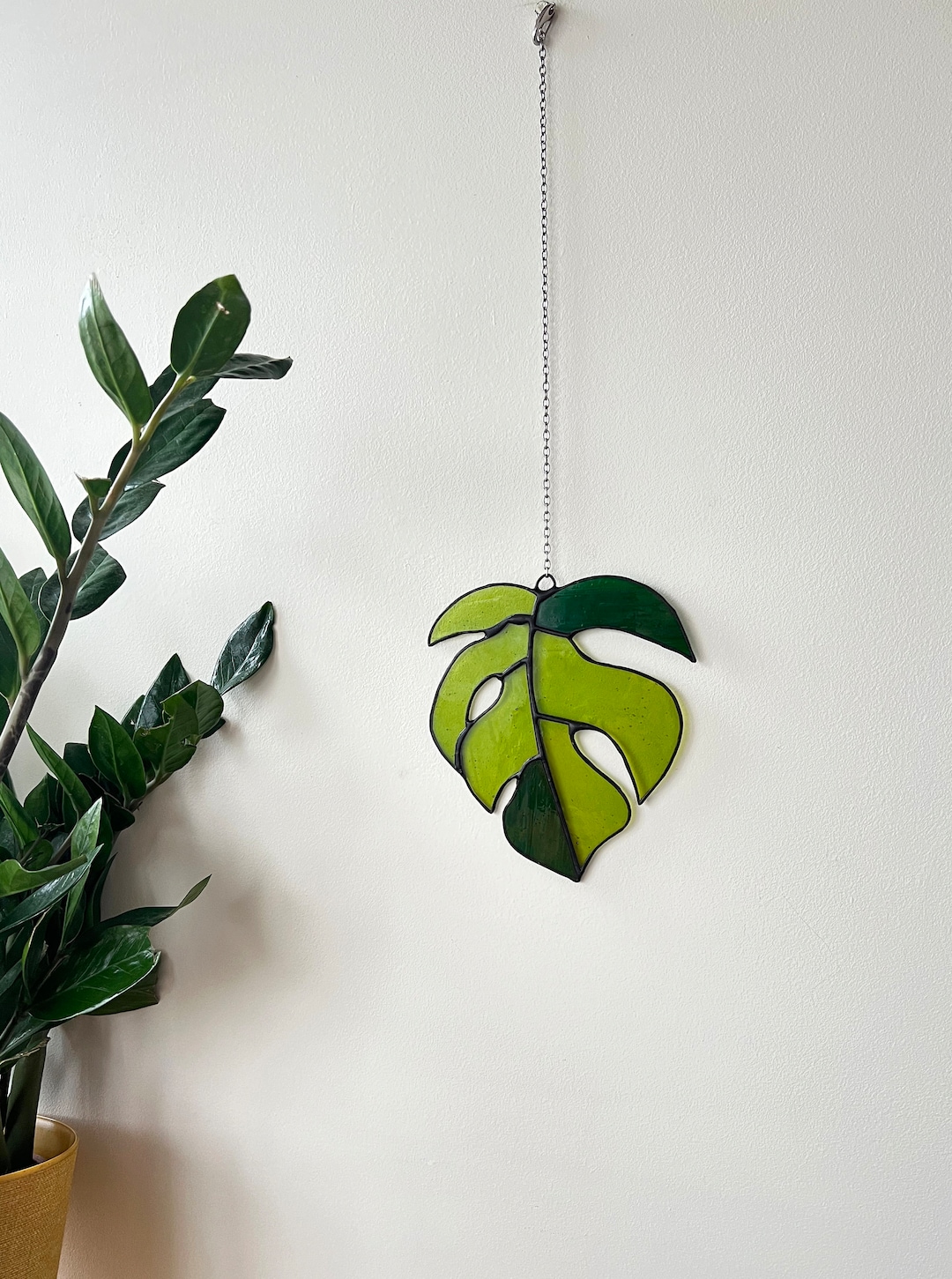Stained Glass Suncatcher Monstera Green Leaf Modern Home Decor, Glass ...