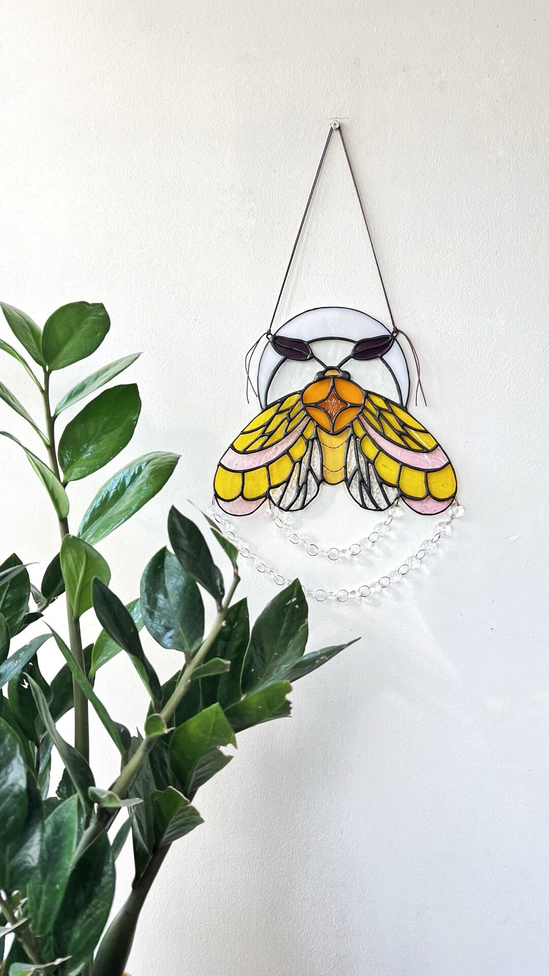 Stained Glass Moth Suncatcher With Crystal Beads- Yellow Glass Moth ...