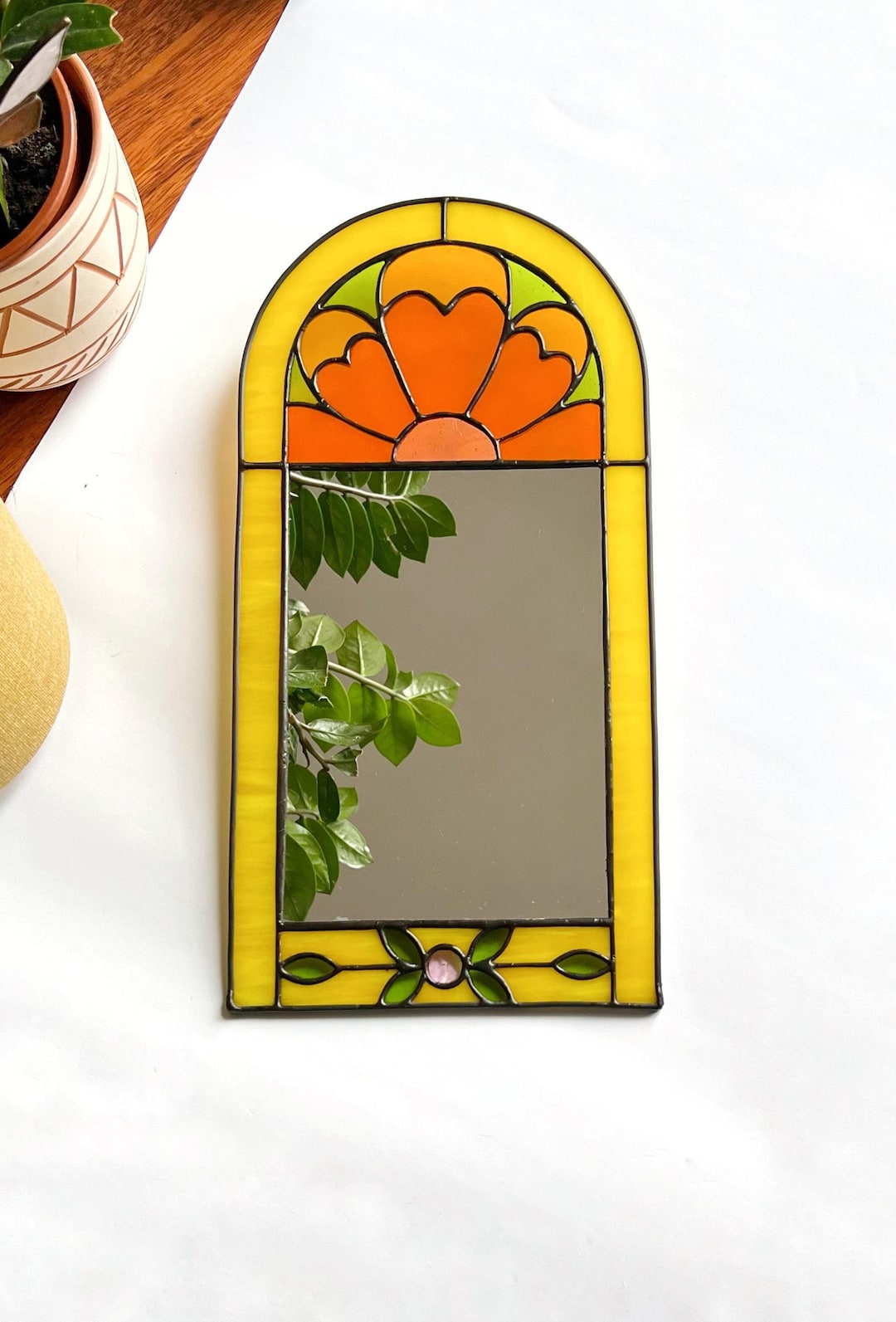 Stained Glass Mirror - Arched Floral Mirror, Modern Stained Glass Decor ...