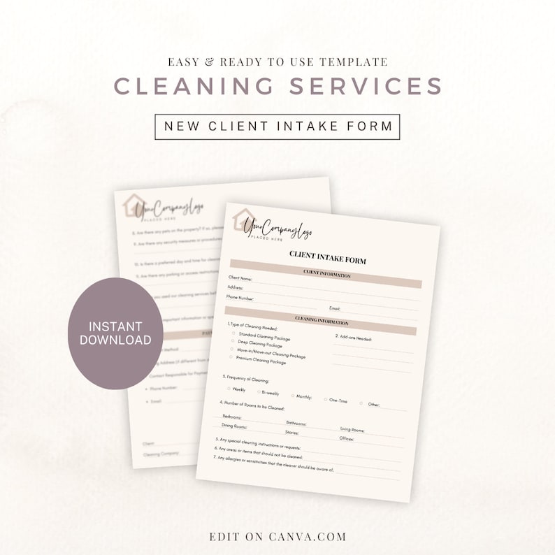 CLEANING Business NEW Client INTAKE Form Template, Cleaning Services ...