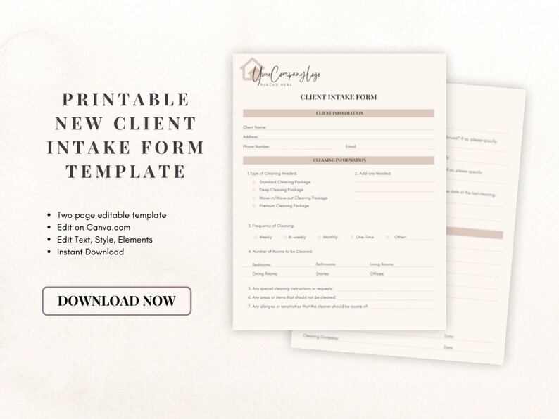 CLEANING Business NEW Client INTAKE Form Template, Cleaning Services ...