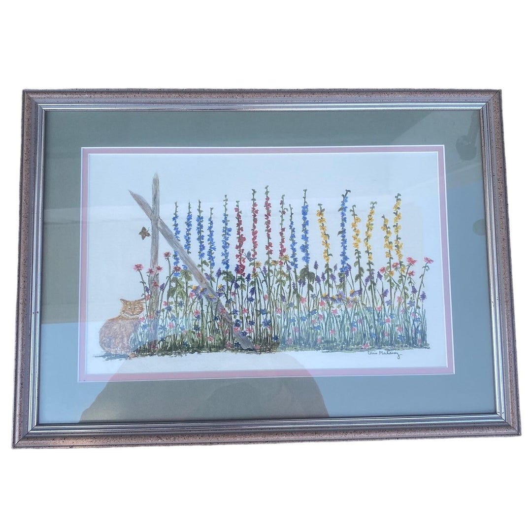 Vintage Wild Flowers and Cat Art Print Framed Picture Signed by Chris ...