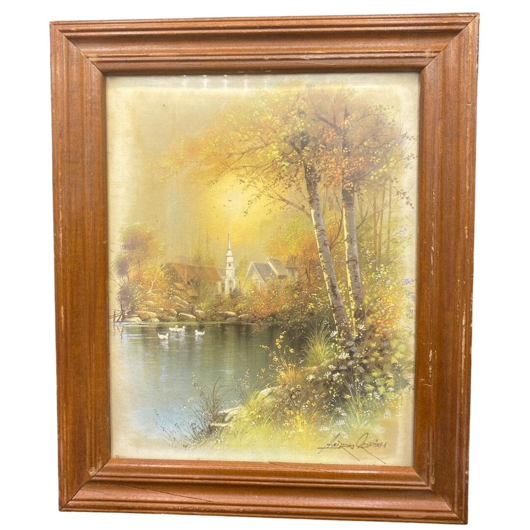 Vintage Andres Orpinas Wooden Framed & Matted Art Print Church Lake ...
