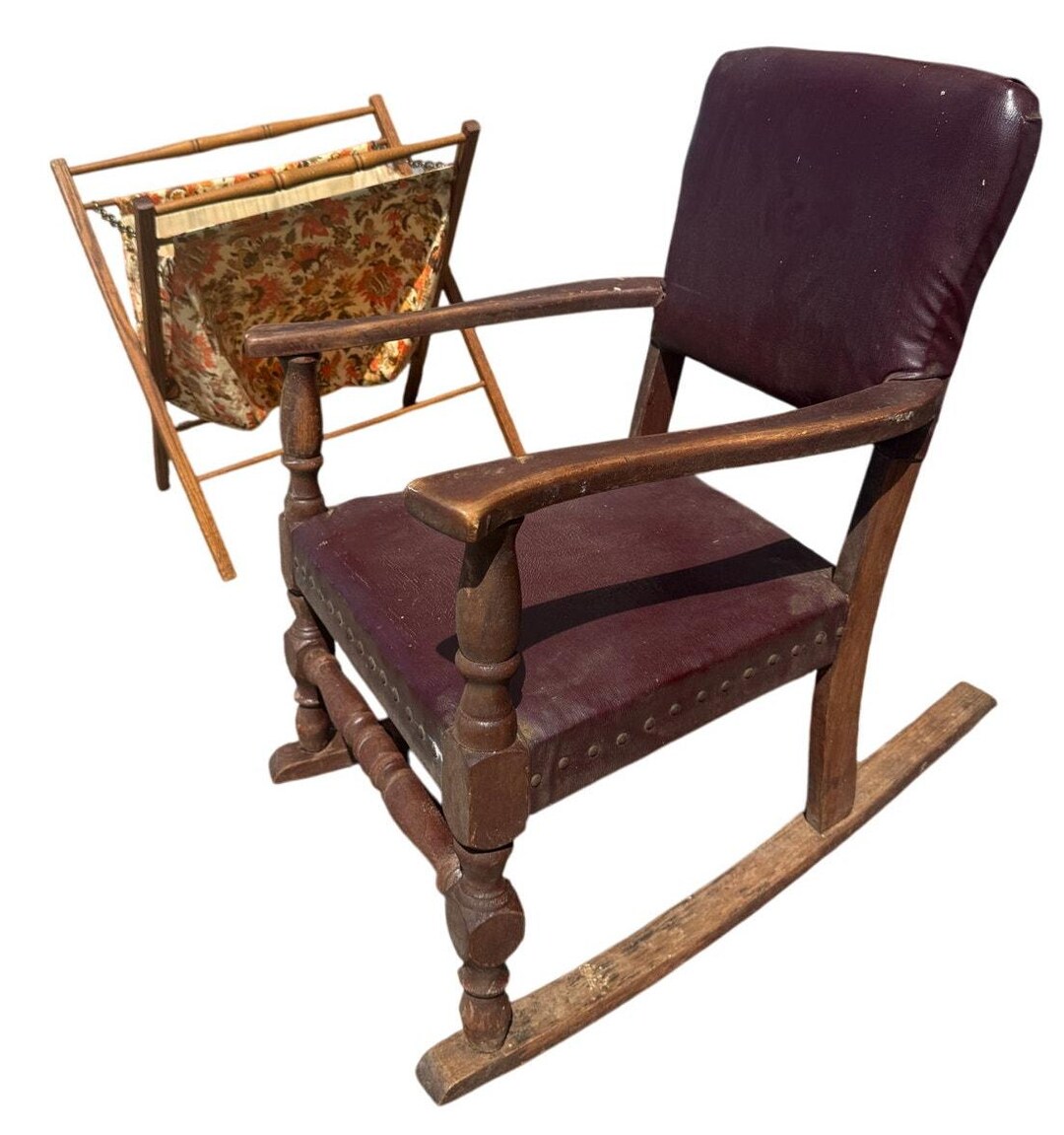 Antique Child’s Rocking Chair Burgundy Leather & Wood Carved Arms ...
