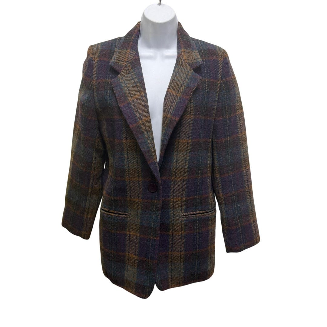 Vintage Savannah Pure Wool Jacket Brown Blue Purple Plaid Classic Size ...