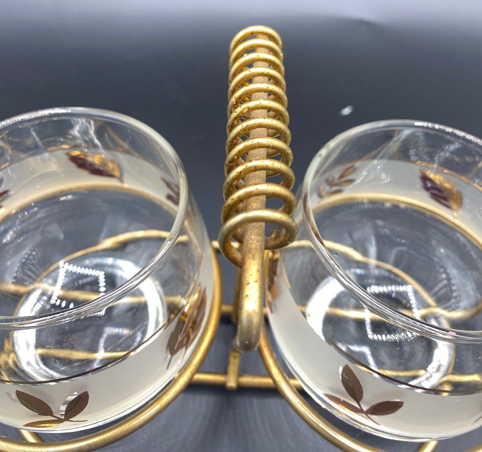 Vintage Libbey Frosted Glass Sugar & Creamer Caddy Set Gold Leaves 3 ...