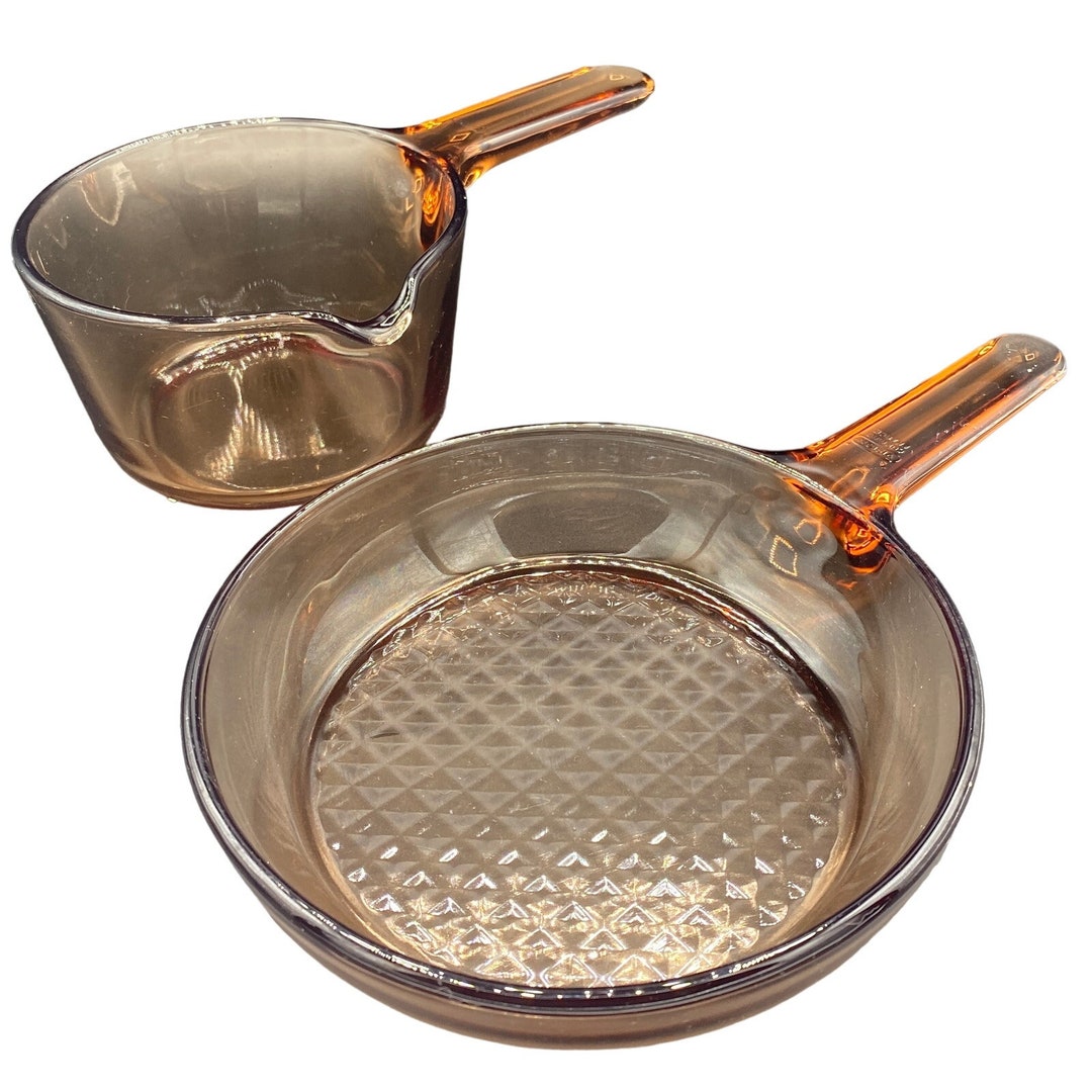 Vtg Set Corning PYREX Vision Ware Skillet 7 Pan Amber FRANCE 1Q Sauce ...