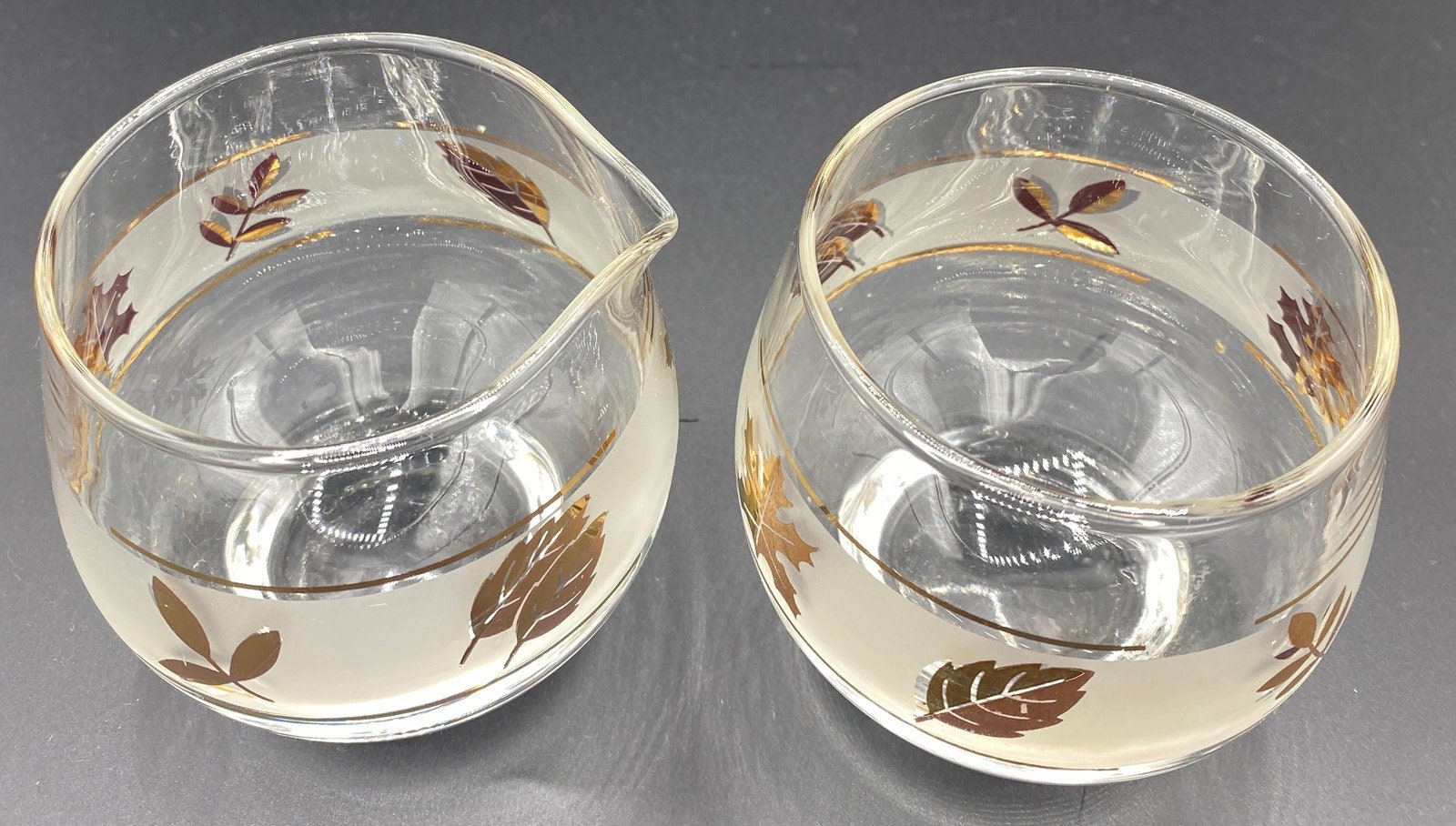 Vintage Libbey Frosted Glass Sugar & Creamer Caddy Set Gold Leaves 3 ...