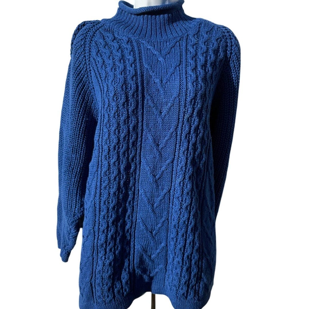 VTG 80s 90 FORENZA Chunky Cable Knit Sweater Women L Blue Mock Neck ...