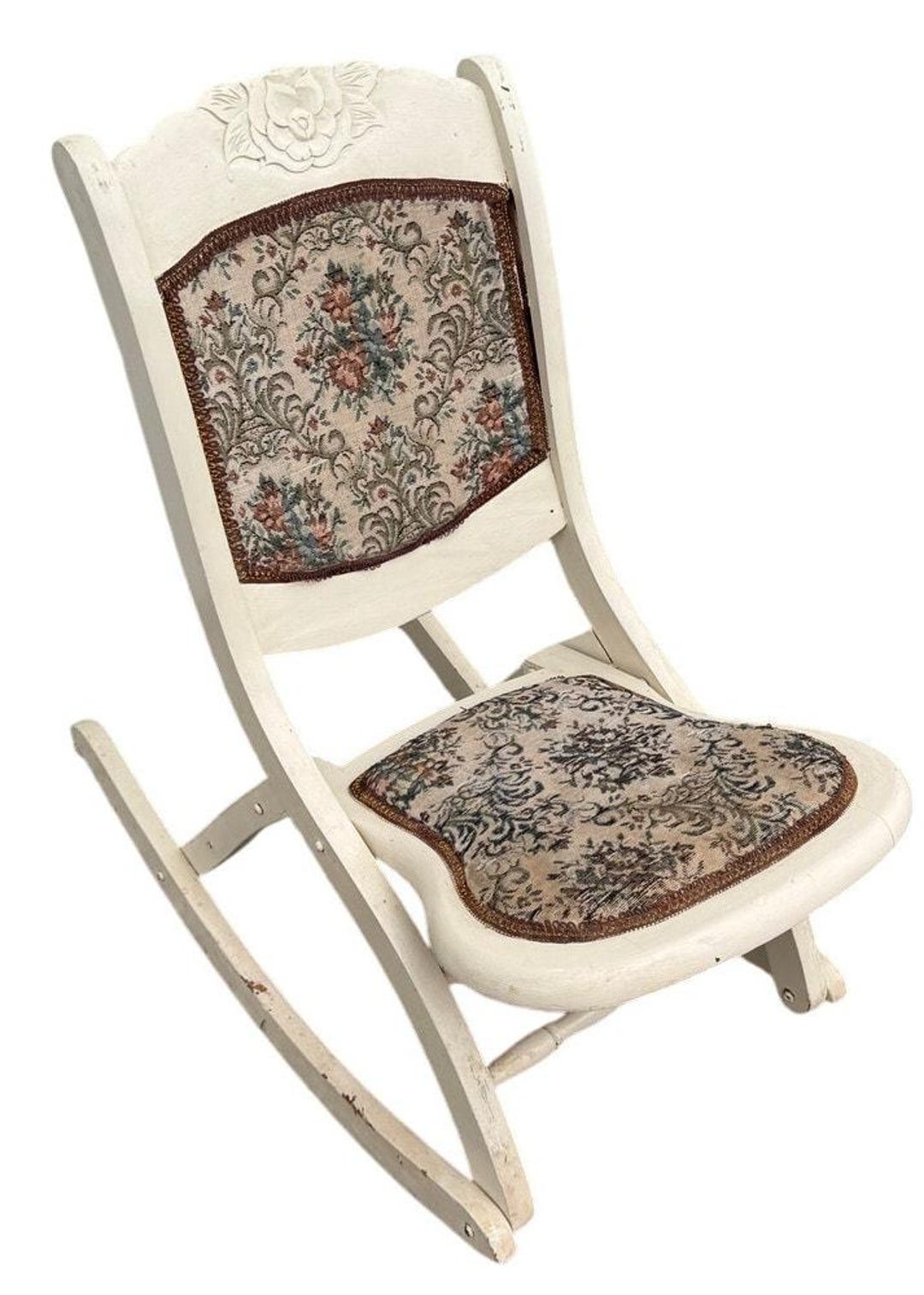 VTG Victorian Folding Carved Wood Rocking Chair Rocker Tapestry Fabric ...