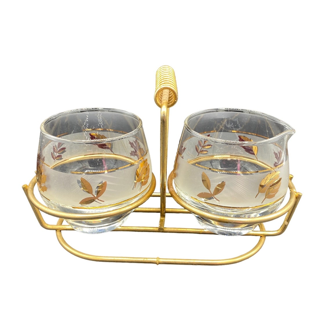 Vintage Libbey Frosted Glass Sugar & Creamer Caddy Set Gold Leaves 3 ...