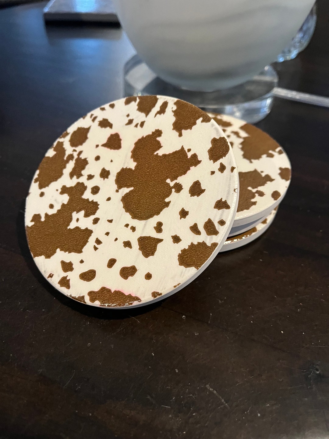 Cow Print Coasters Brown and White Cork Backed Coasters Decoupaged Cow ...