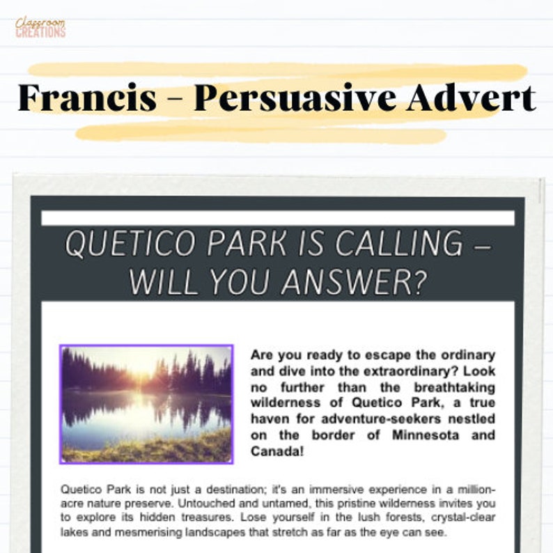 Literacy Text Example Francis literacy Shed Persuasive Advert Teaching ...