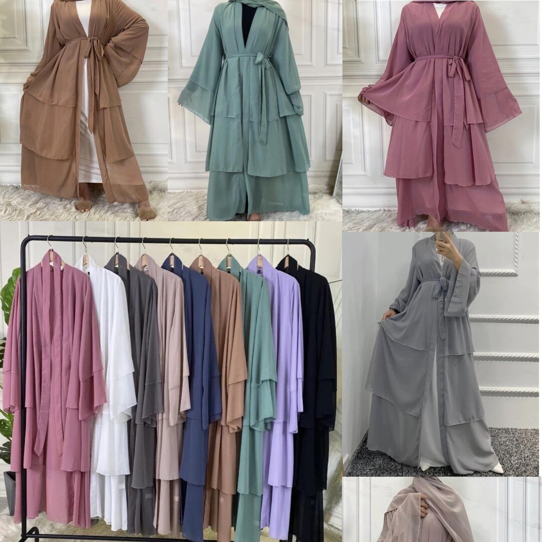 Layered Flowy Chiffon Abaya With Matching Scarf and Belt Dubai Arabian ...