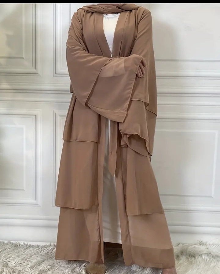 Layered Flowy Chiffon Abaya With Matching Scarf and Belt Dubai Arabian ...