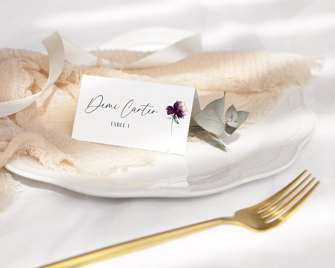 Name Card Template, Purple Floral Bridal Shower Place Card Template ...