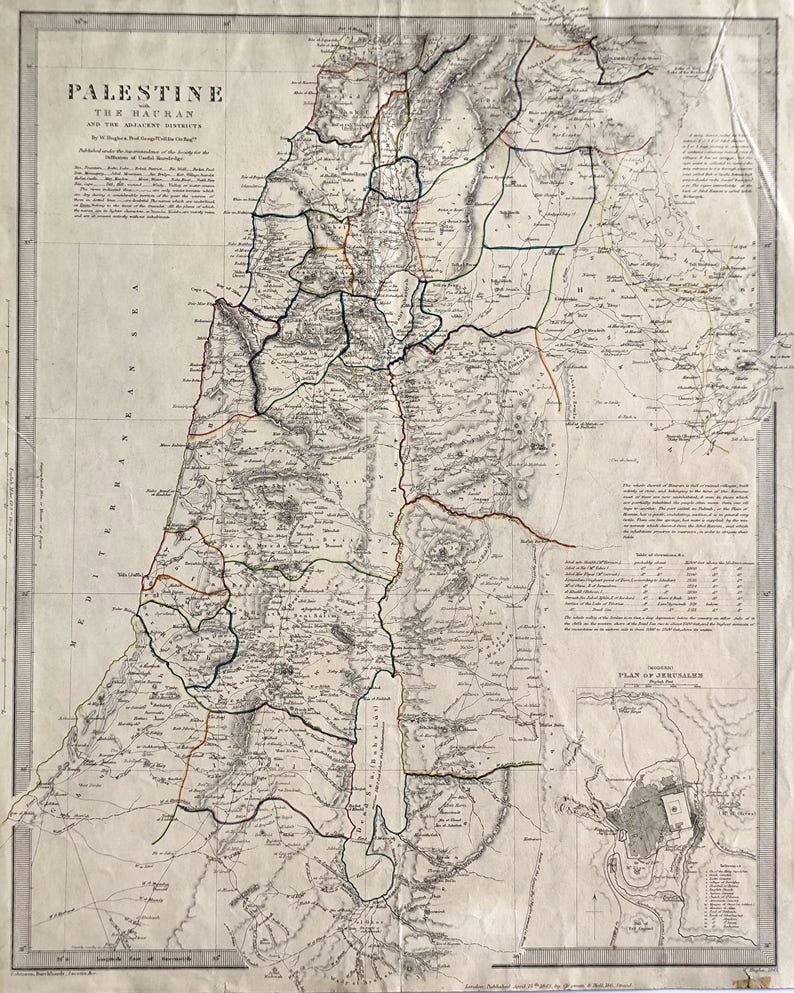 1843 Original Antique Map of Palestine and Plan of Jerusalem Vintage ...