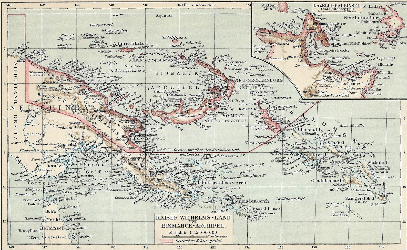 1903 ANTIQUE GERMAN COLONIES Map. Kaiser-wilhelmsland and Bismarck ...