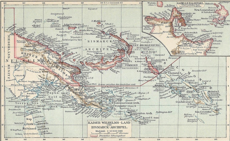 1903 ANTIQUE GERMAN COLONIES Map. Kaiser-wilhelmsland and Bismarck ...