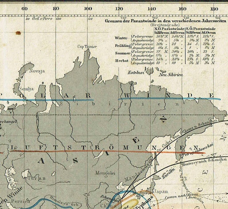 1860 EARTH WIND MAP. Antique World Map. Original 19th Century ...