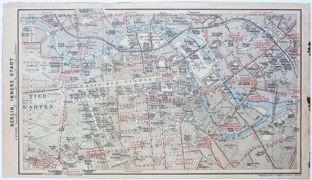 1914 BERLIN Inner City Antique City Map Vintage German Map Germany Wall ...