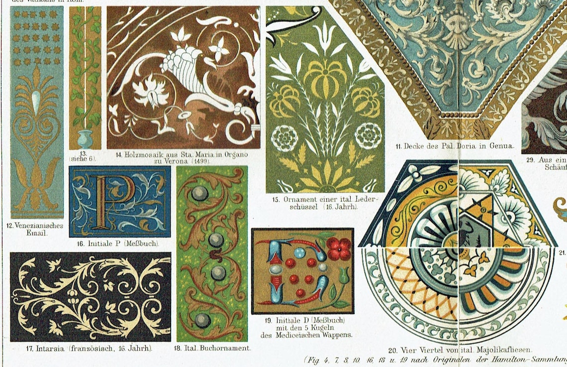 1903 European Renaissance Ornaments Print Antique Mosaic Wall Art ...