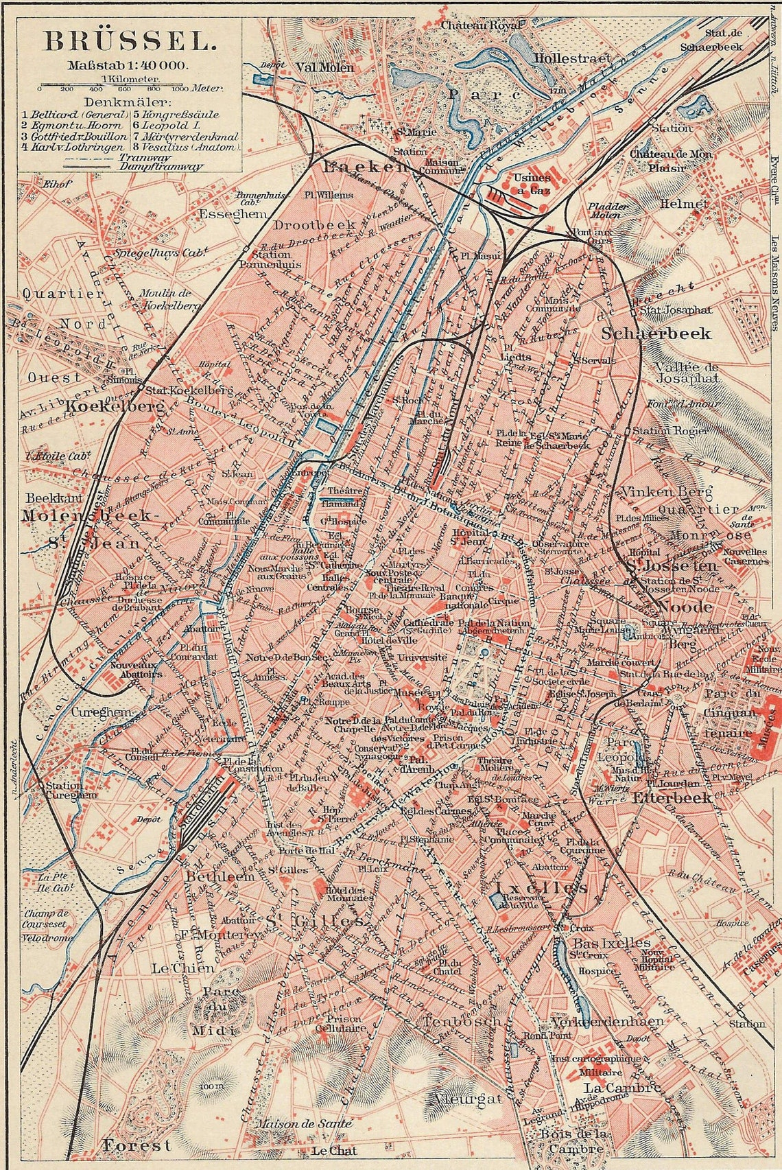 1903 Vintage BRUSSELS City Map Antique Street Map 19th Century Belgium ...