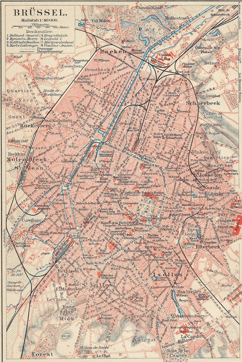 1903 Vintage BRUSSELS City Map Antique Street Map 19th Century Belgium ...