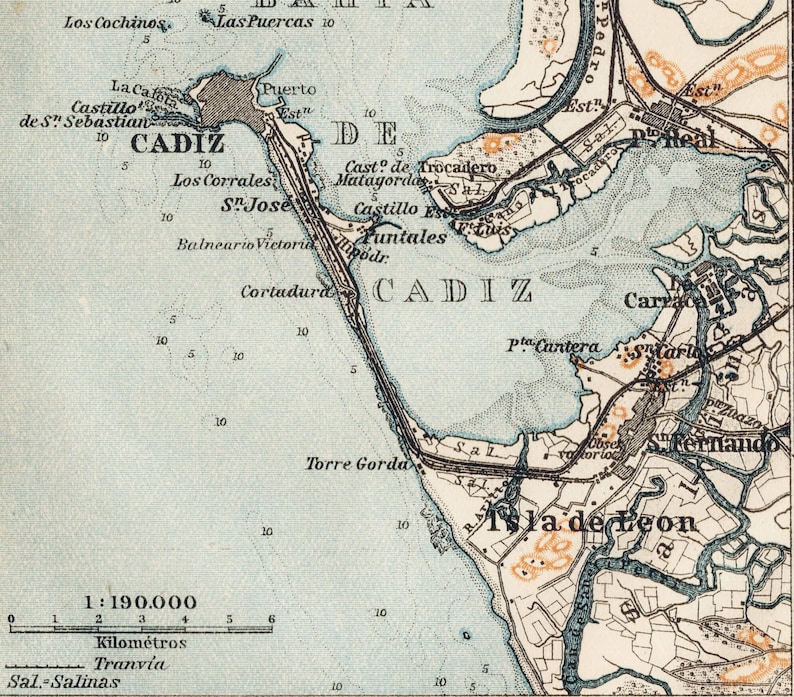 1913 - Vintage CADIZ Map Antique Cadiz Bay Print Spain Map Artwork ...
