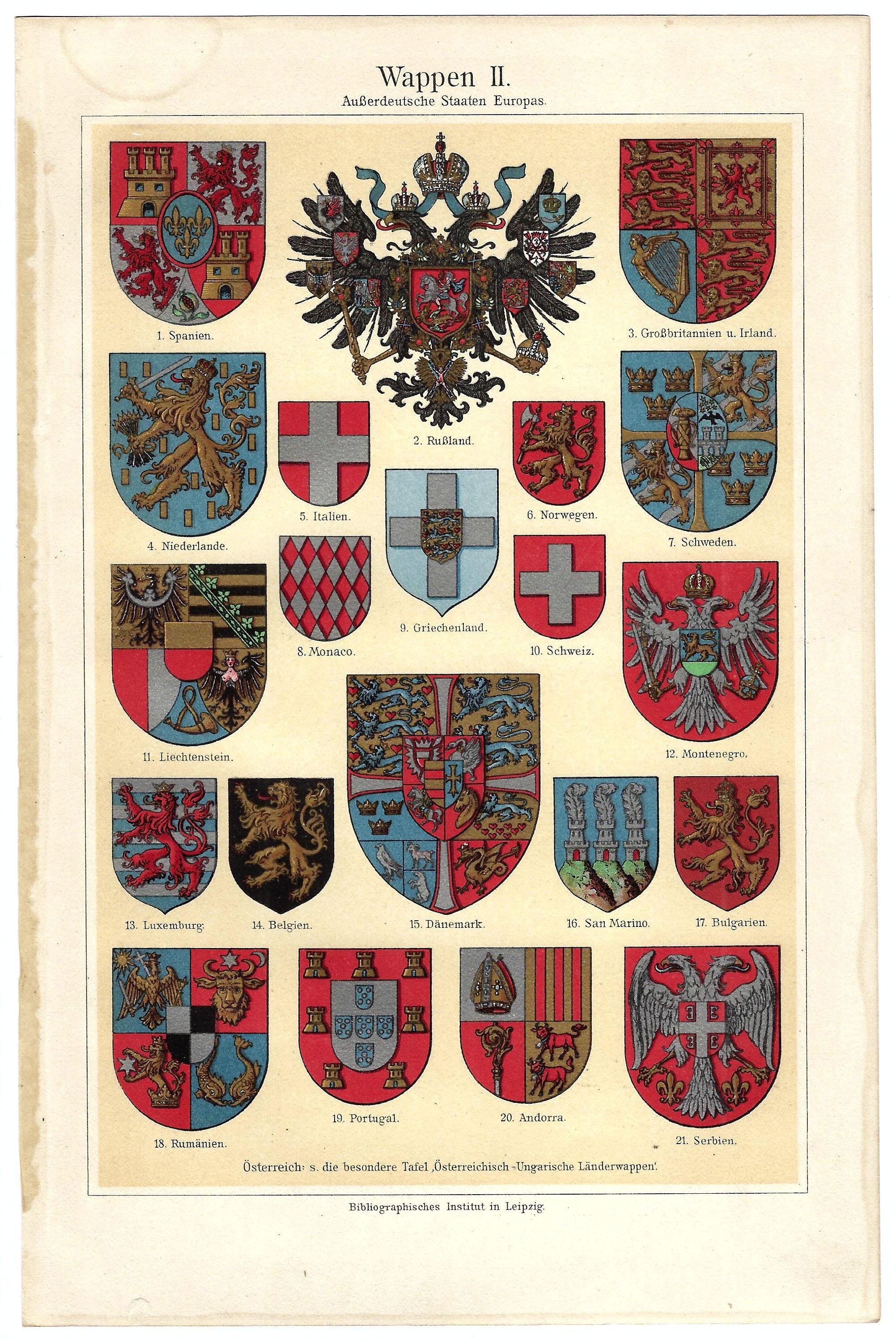 1903 Coats of Arms Print European Countries Escutcheons Antique Print ...